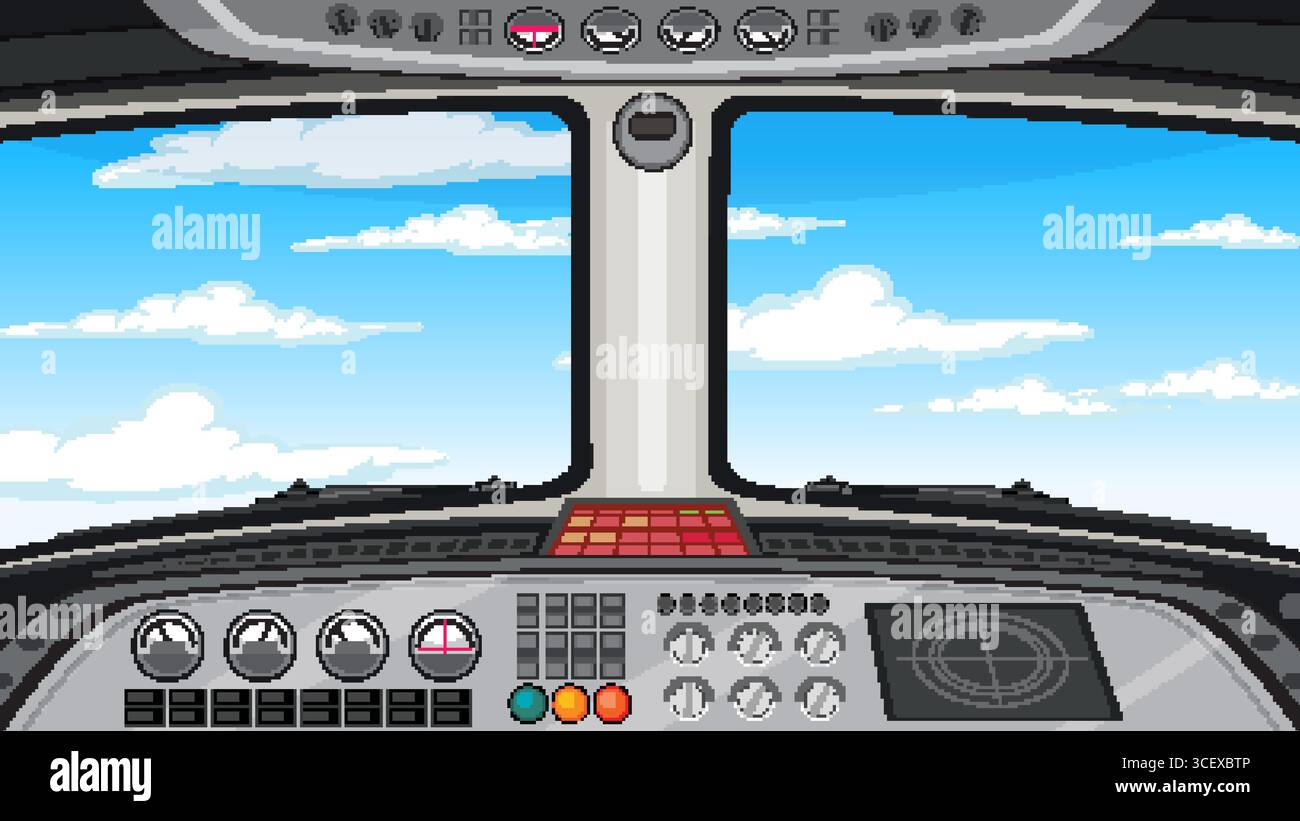 Vector illustration of an airplane cockpit interior with a clear blue ...