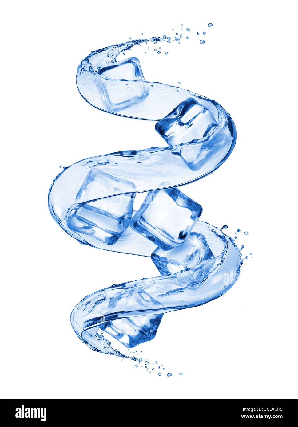 Ice cubes with splashes of water in a swirling shape isolated on white ...