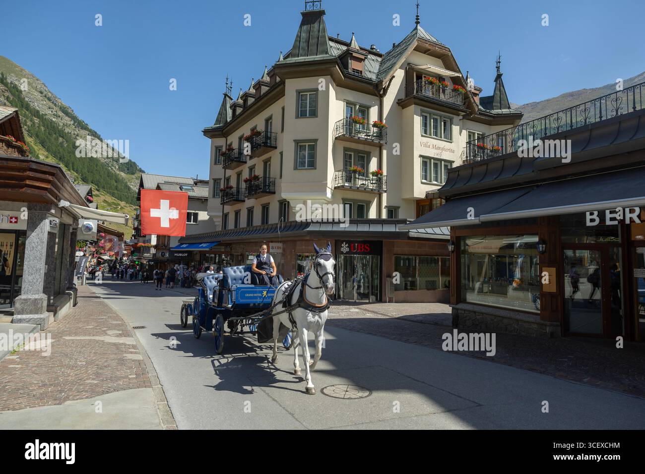 The town centre of Zermatt located at the base of the Matterhorn which ...