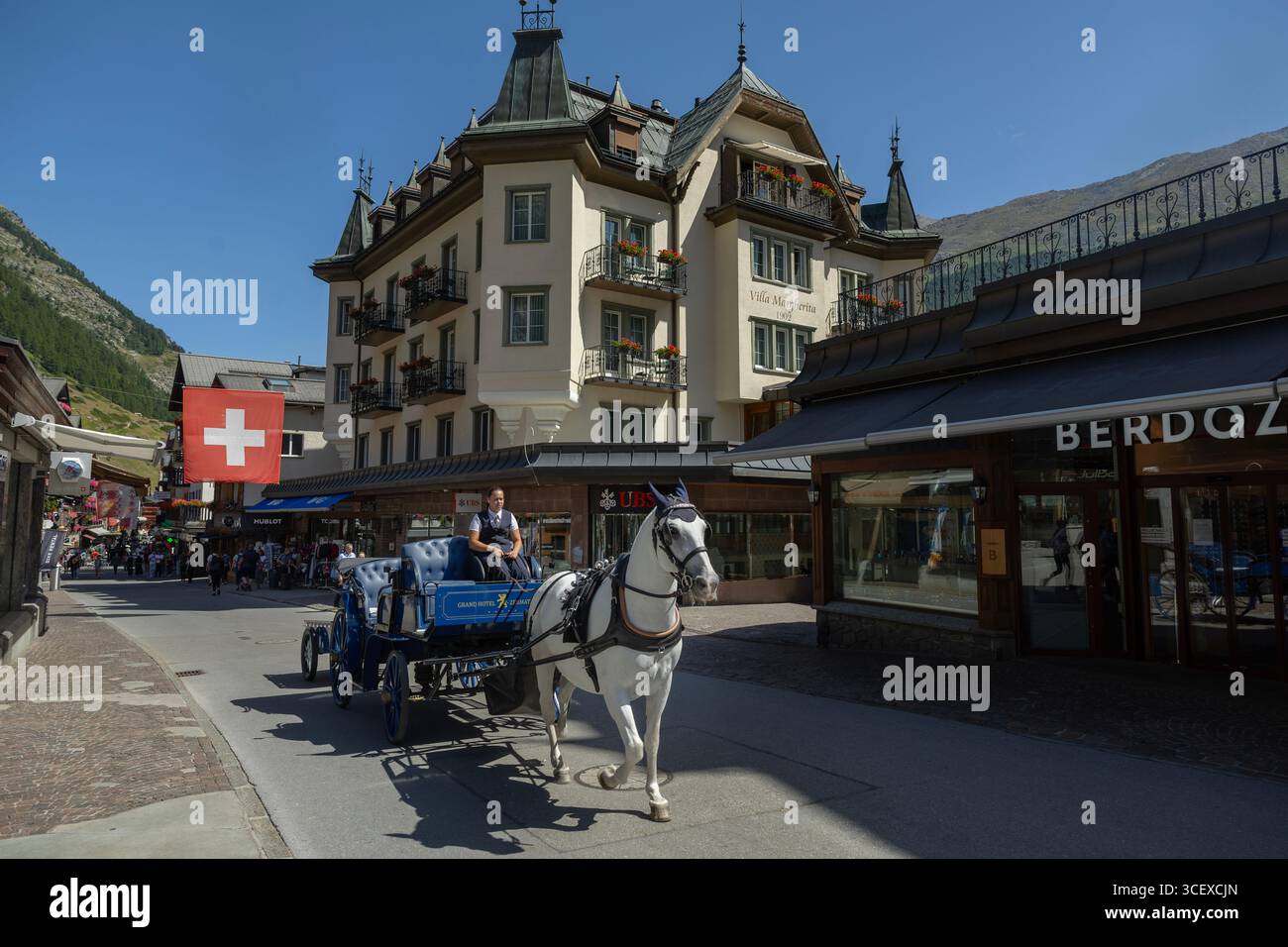 The town centre of Zermatt located at the base of the Matterhorn which ...