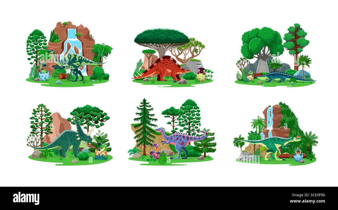 Mother dinosaurs with kids in egg shell. Cartoon vector dino characters ...