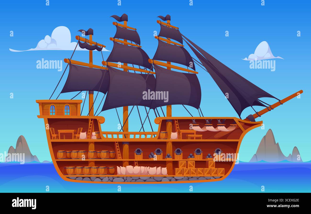Pirate ship diagram or cross section of corsair sailboat or frigate ...