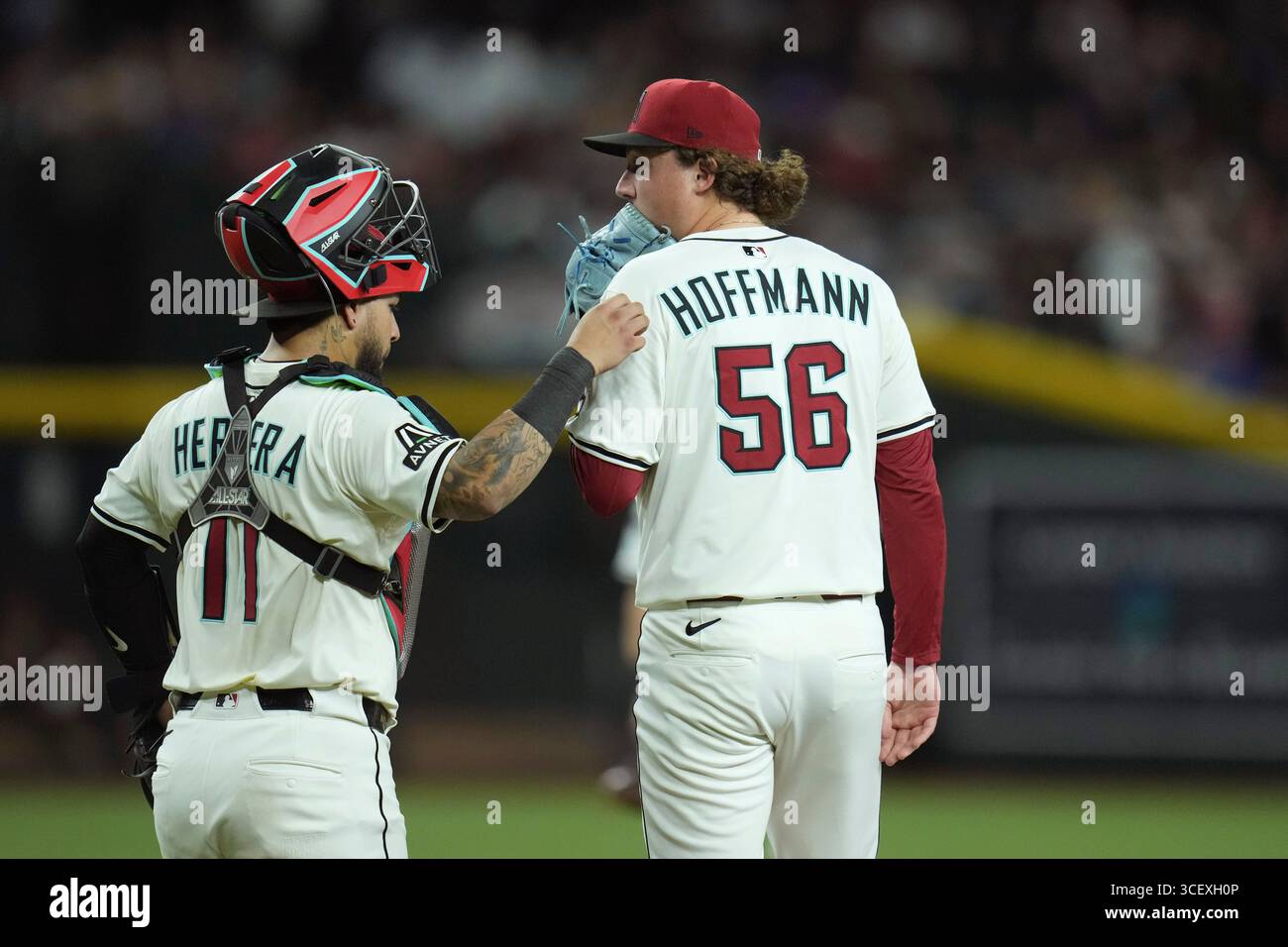 Arizona Diamondbacks catcher Jose Herrera, left, talks with ...