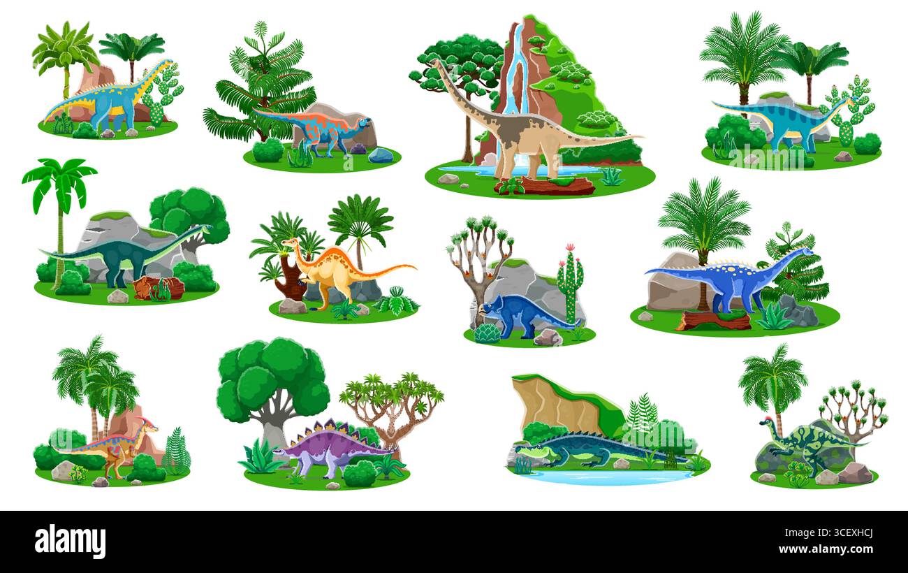 Jurassic dinosaurs and dino animals cartoon characters. Cute ...