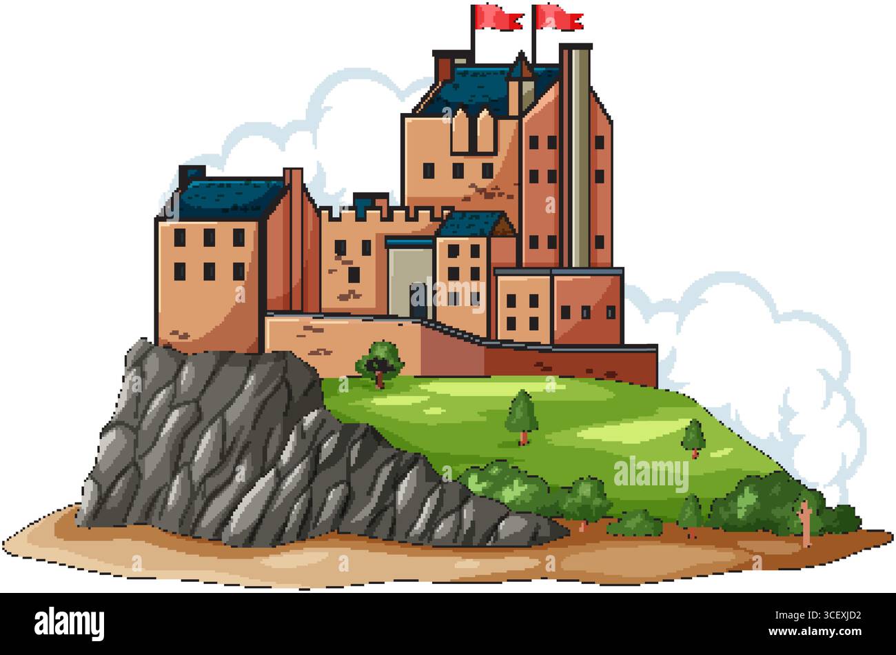 Vector illustration of a traditional Scottish castle with red flags ...