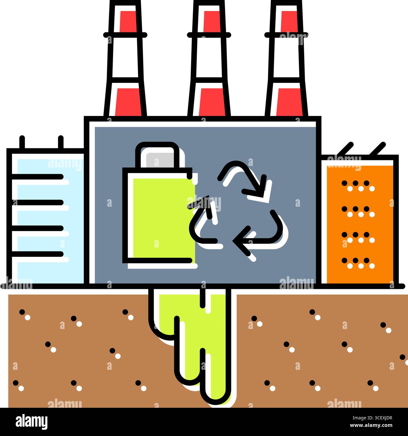 toxic waste battery recycling plant contaminating land color icon ...