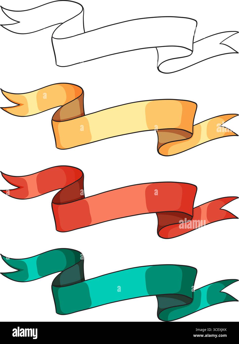 Four hand-drawn vector ribbons in white, yellow, red, and teal ...
