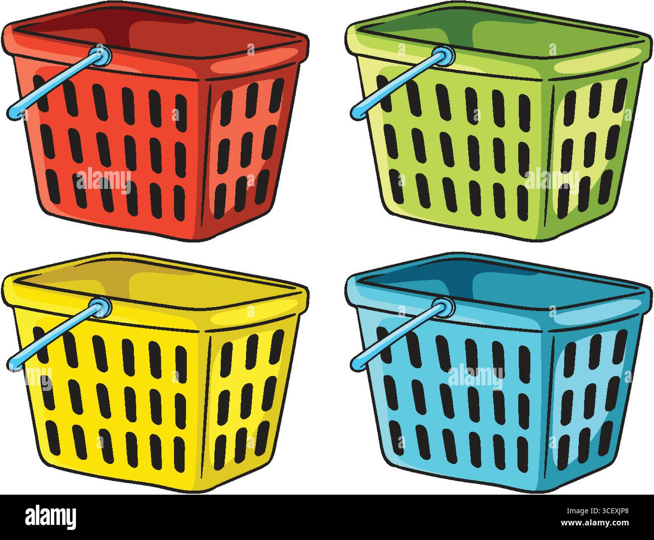 Four shopping baskets in red, green, yellow, and blue, illustrated in a ...