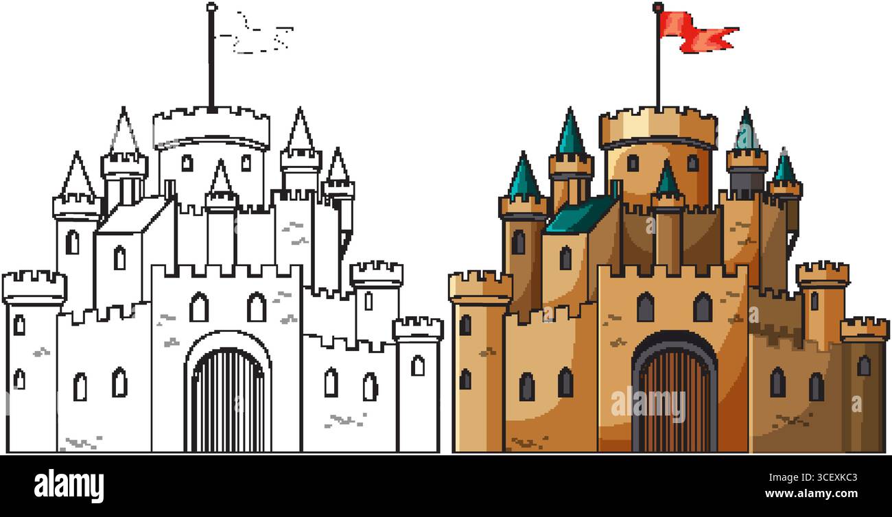 Vector illustration of a large medieval stone castle with multiple ...