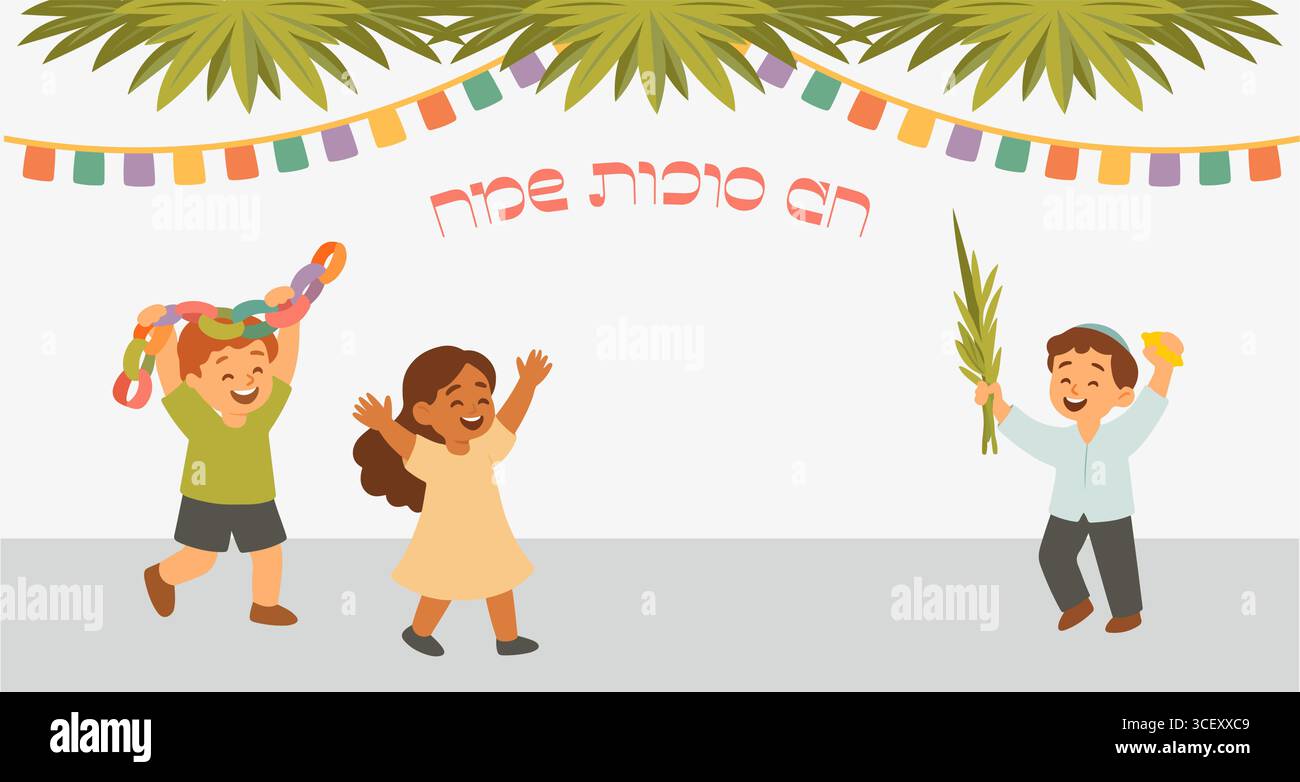 Kids building a booth for Sukkot and hanging decorations. Happy Jewish ...