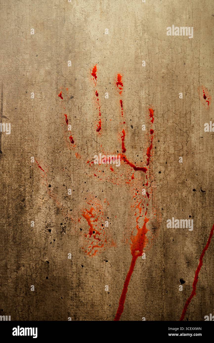 Splatters of blood drops, blood splashes, or blood spots with a human ...