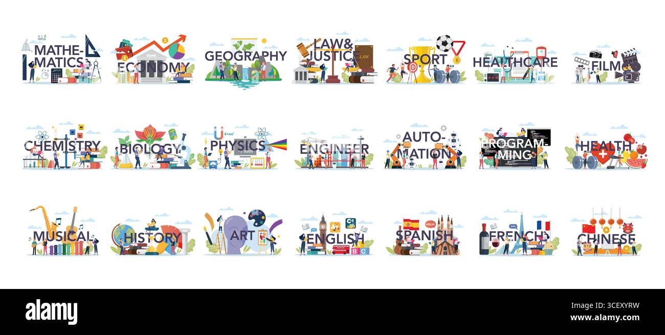 School subjects and educational class set. Modern school education ...