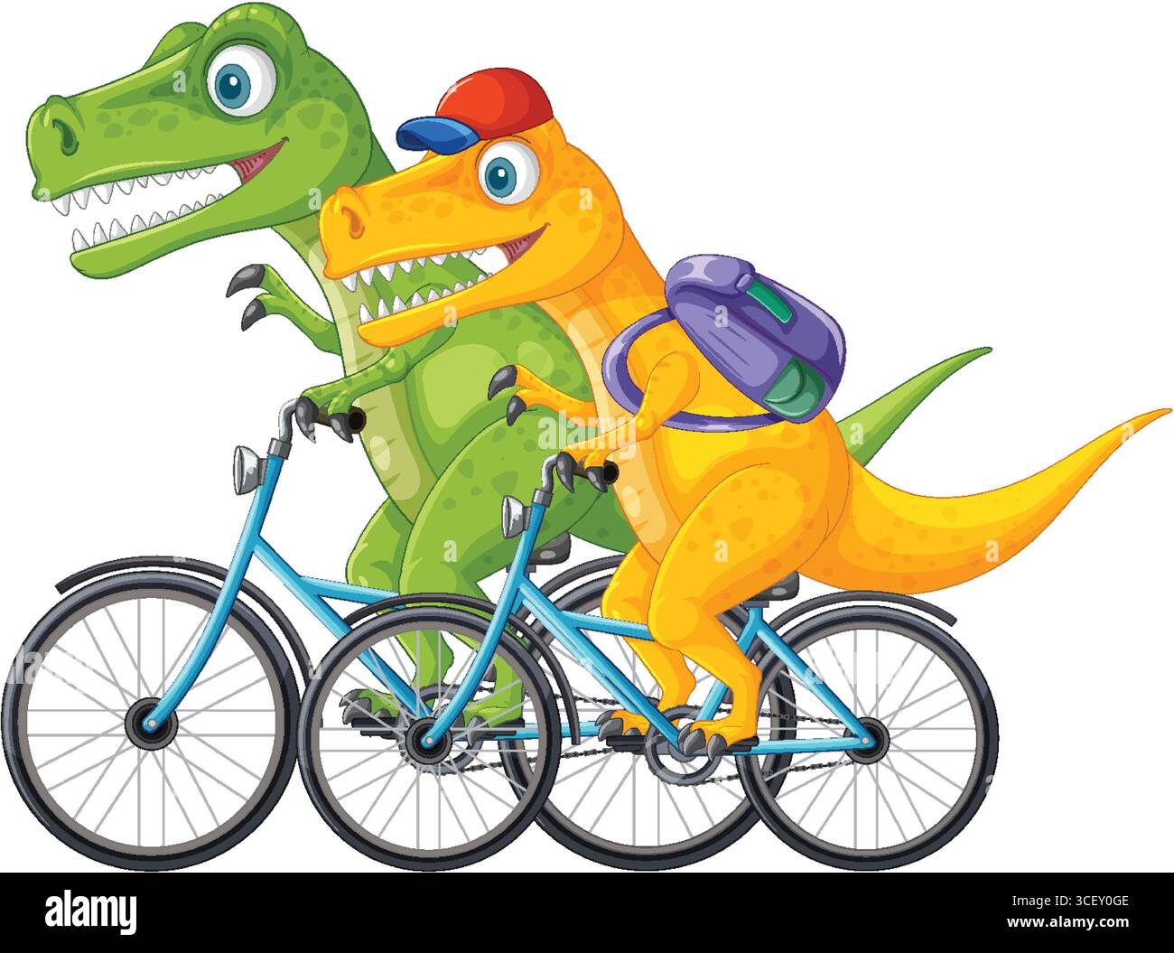 Bright vector illustration of two playful dinosaurs cycling together ...