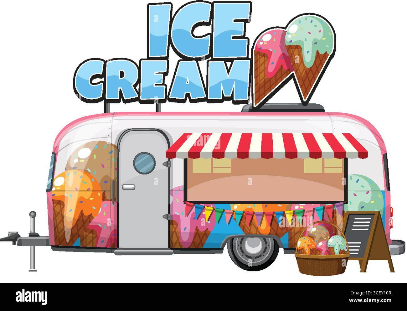 Retro ice cream truck illustration with large ice cream sign, pastel ...