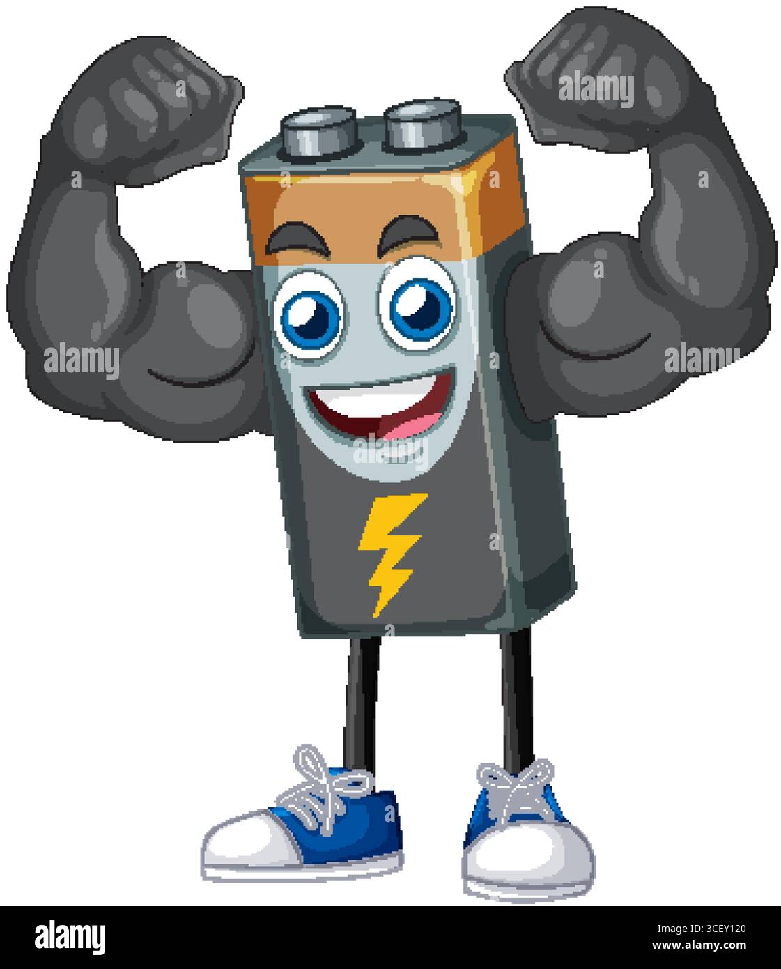 A cartoon battery with muscular arms, symbolizing strength and energy ...