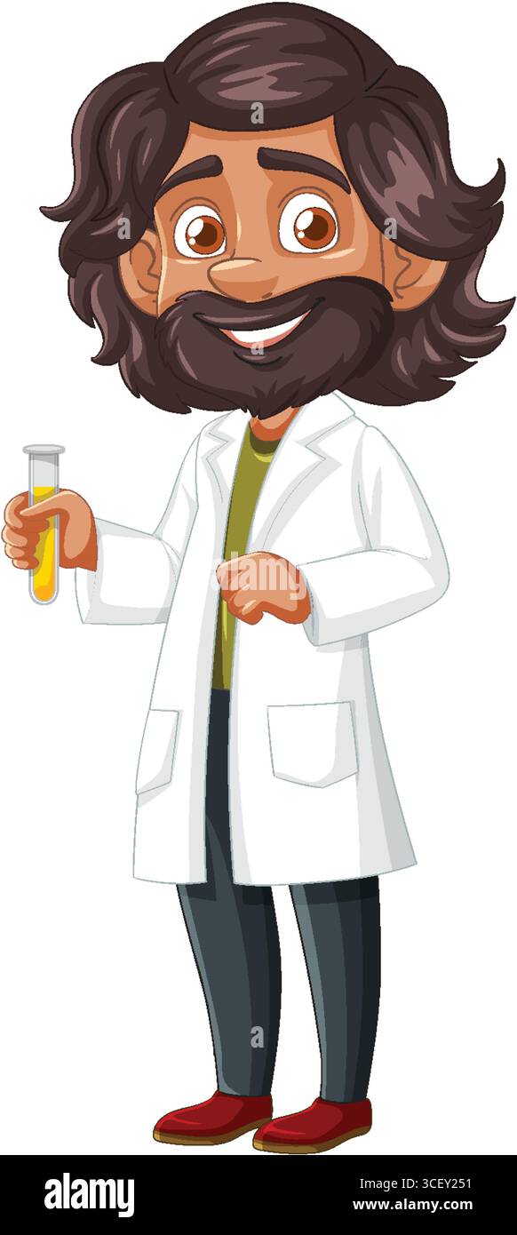 Cartoon vector of a cheerful male scientist with dark hair and beard ...