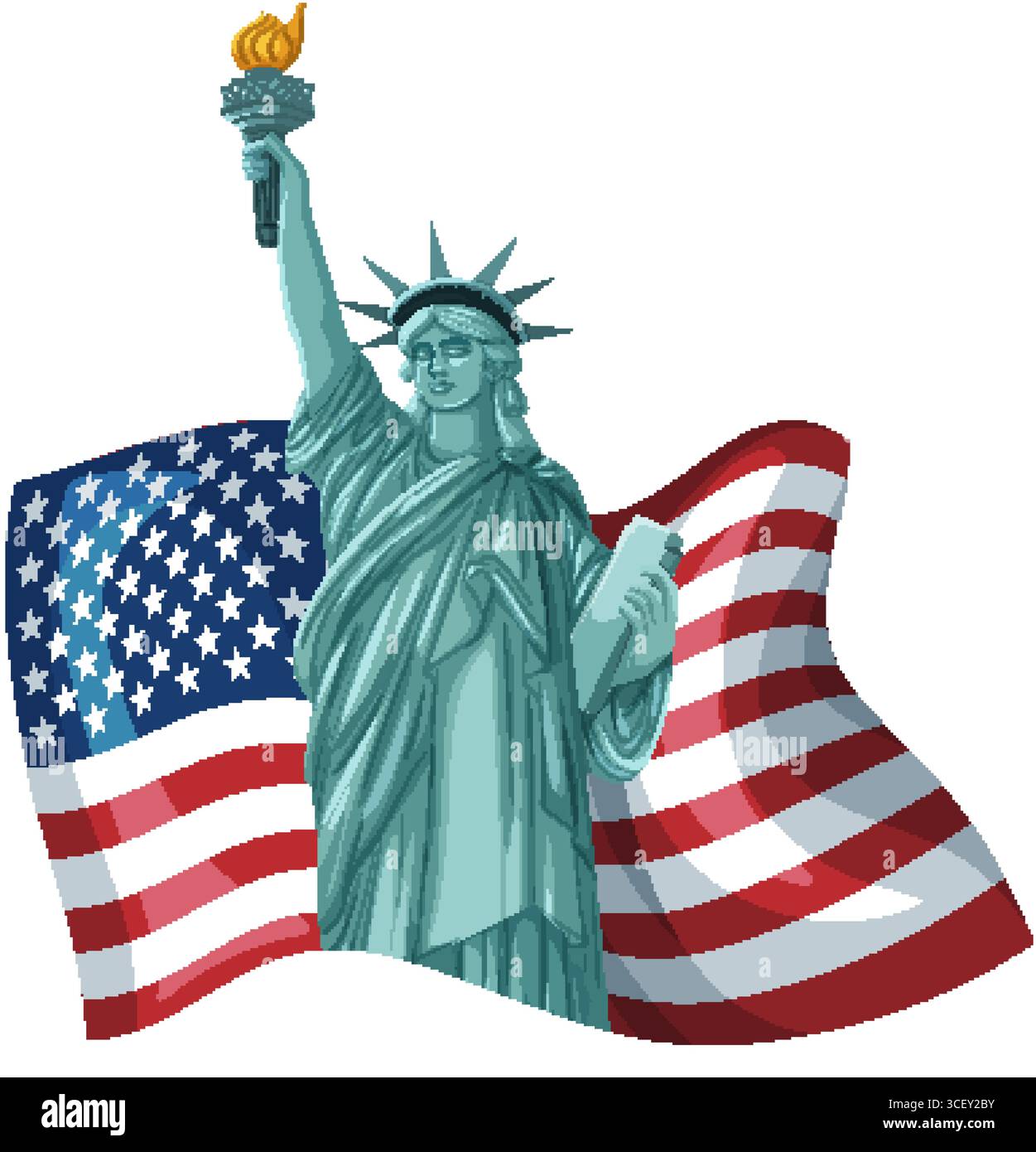 Vector illustration of the Statue of Liberty with a waving American ...