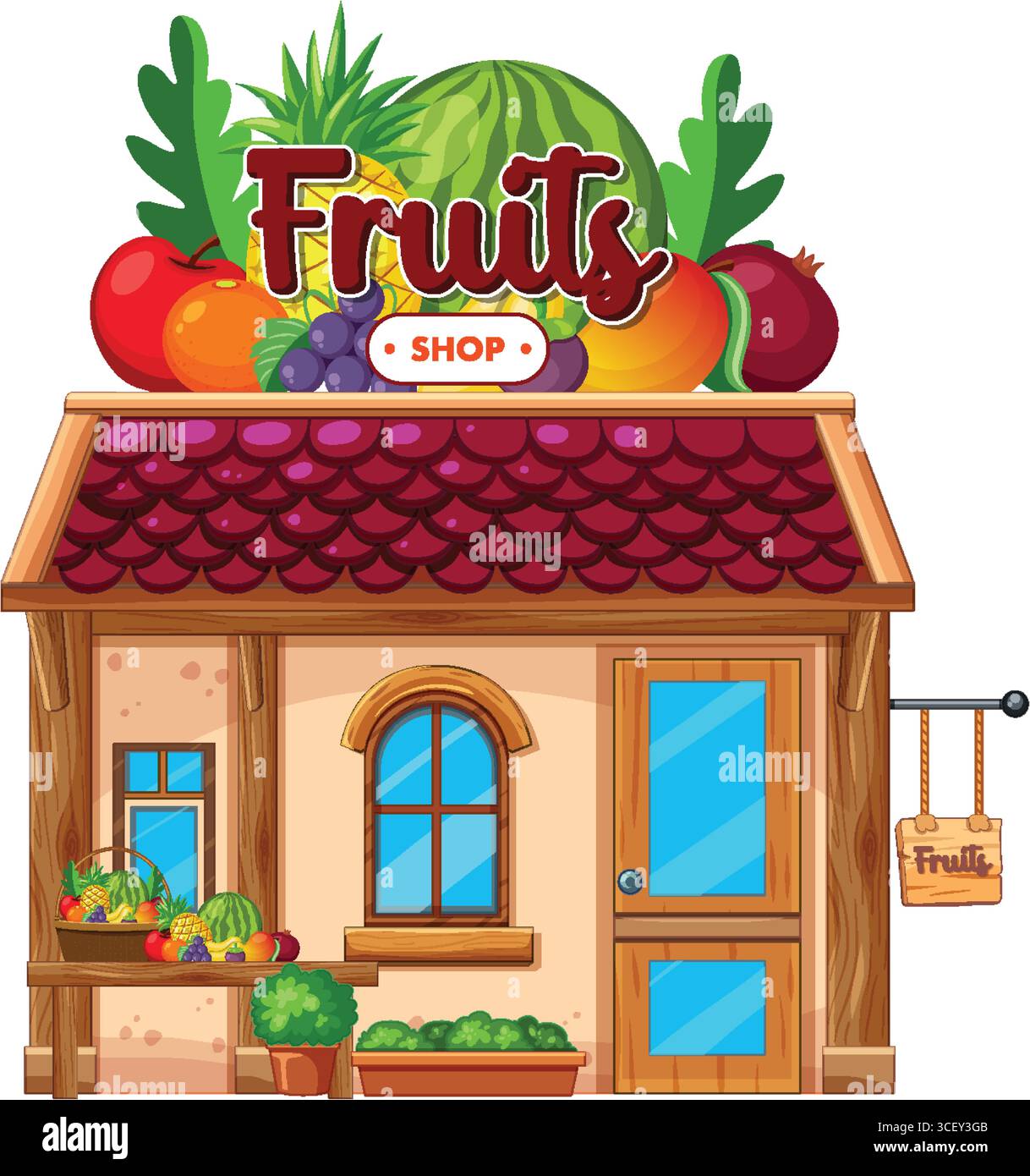 Bright vector illustration of a wooden fruit shop with assorted fruits ...