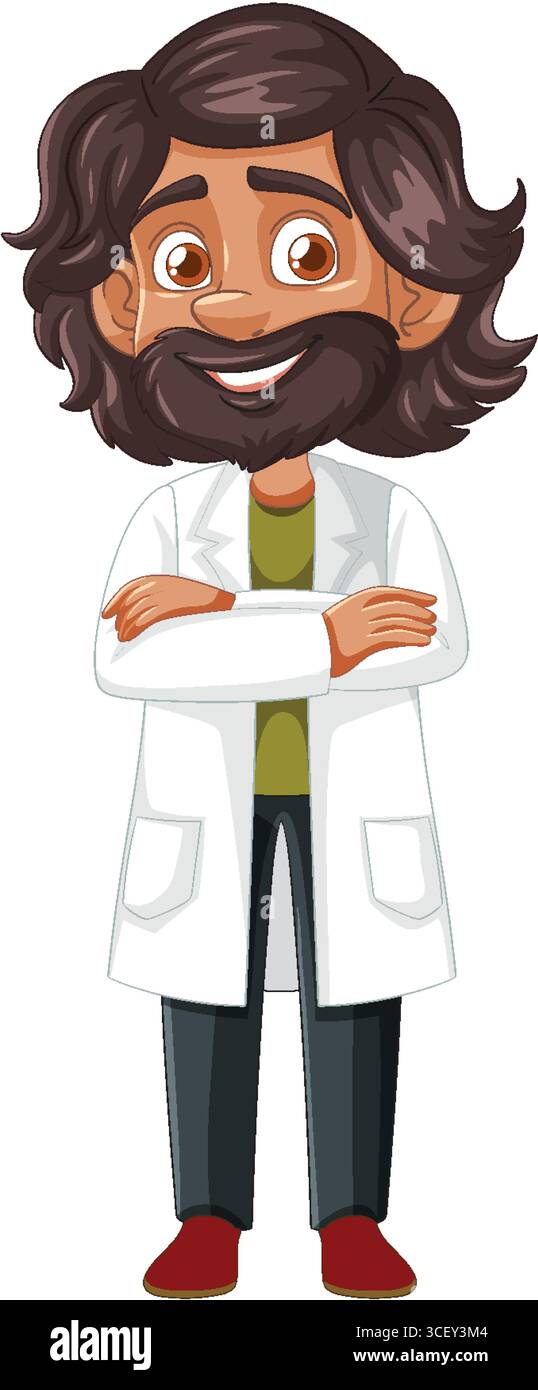 Cartoon vector illustration of a cheerful male scientist with dark hair ...