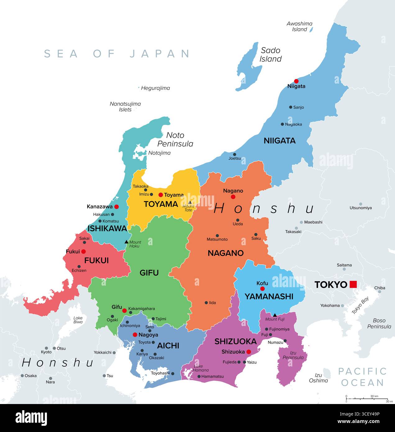 Chubu, region of Japan, multi colored map. Also the Central Region or ...