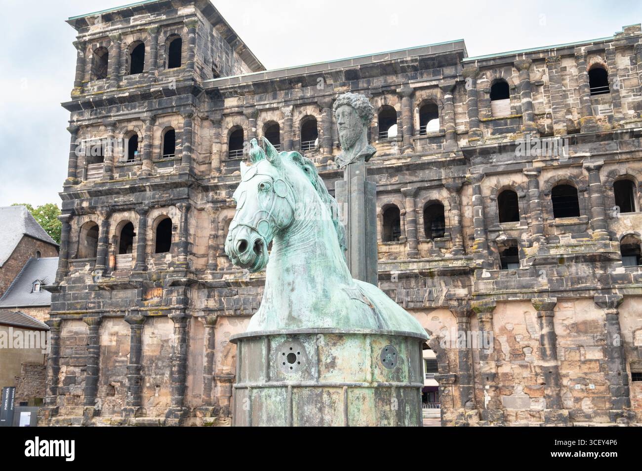 Marc Aurel and horse sculpture at the Porta Nigra forecourt in Trier ...