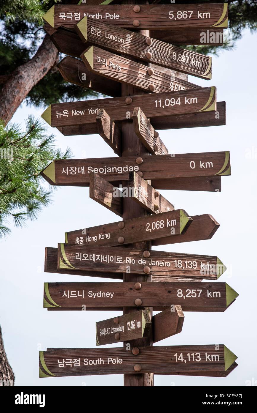Wooden signpost with distances to various global cities and landmarks ...