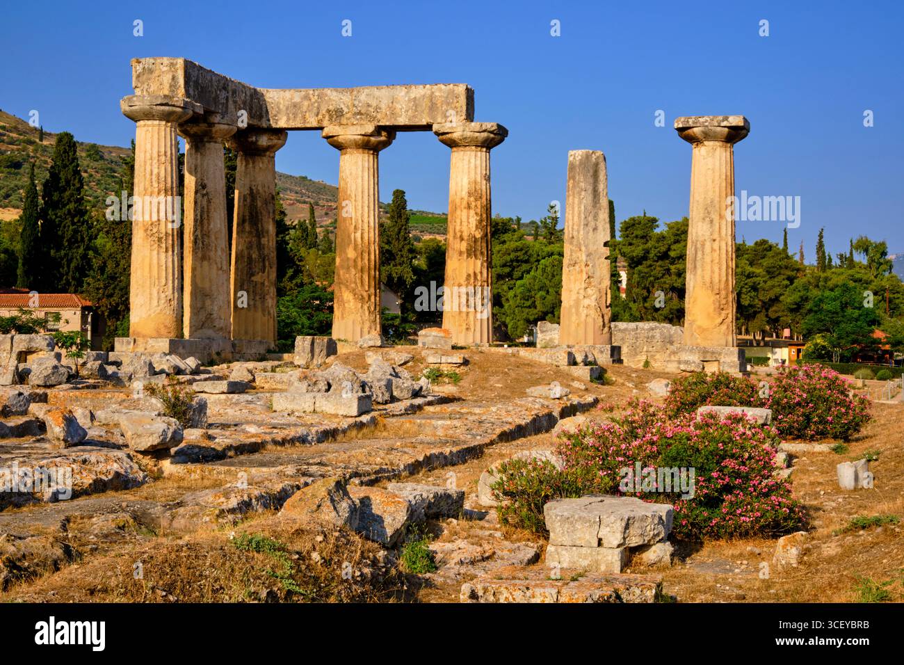 Greece, Peloponnese, Corinth, Ancient Corinth, Temple of Apollo Stock ...