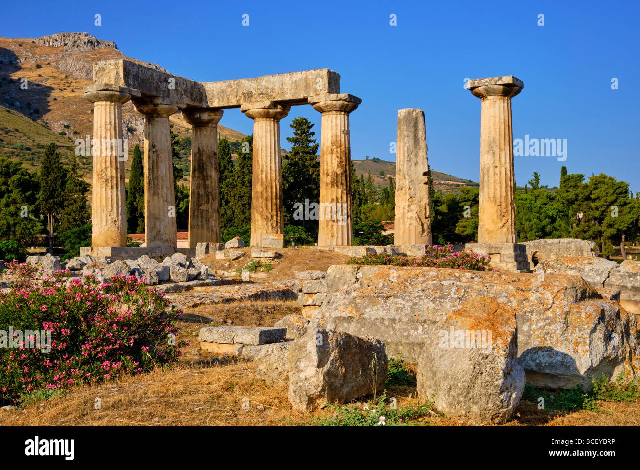 Greece, Peloponnese, Corinth, Ancient Corinth, Temple of Apollo Stock ...