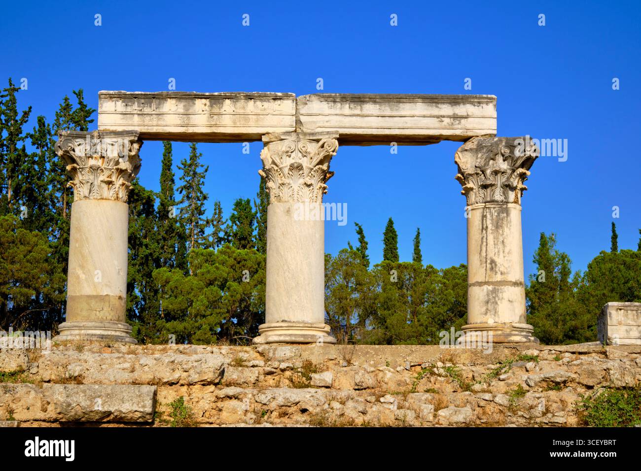 Greece, Peloponnese, Corinth, Ancient Corinth, Temple of Apollo Stock ...