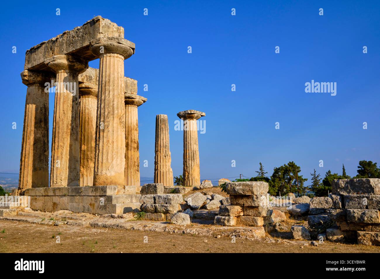 Greece, Peloponnese, Corinth, Ancient Corinth, Temple of Apollo Stock ...