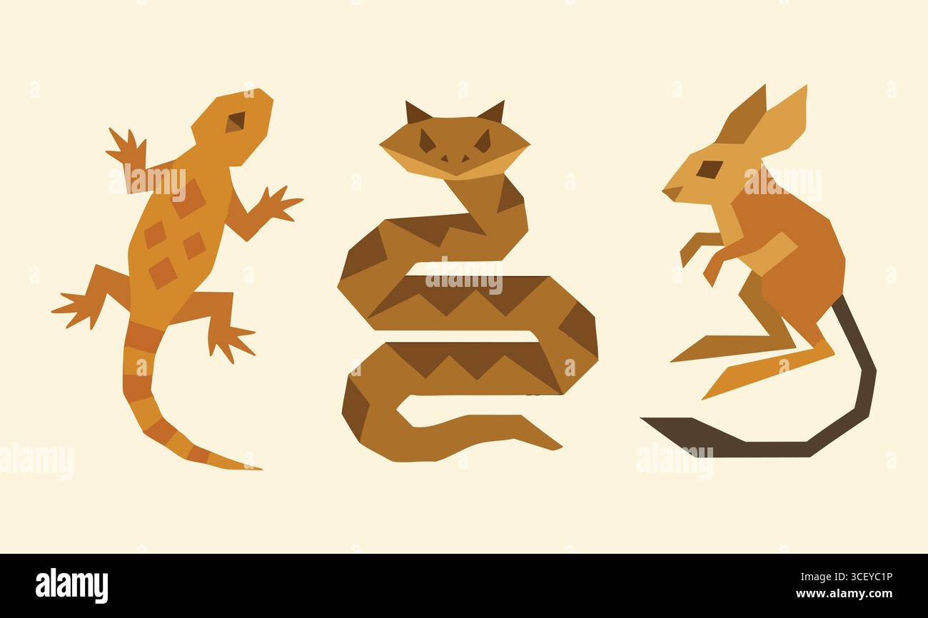 Stylized angular animal shapes in warm earthy colors showing a crawling ...