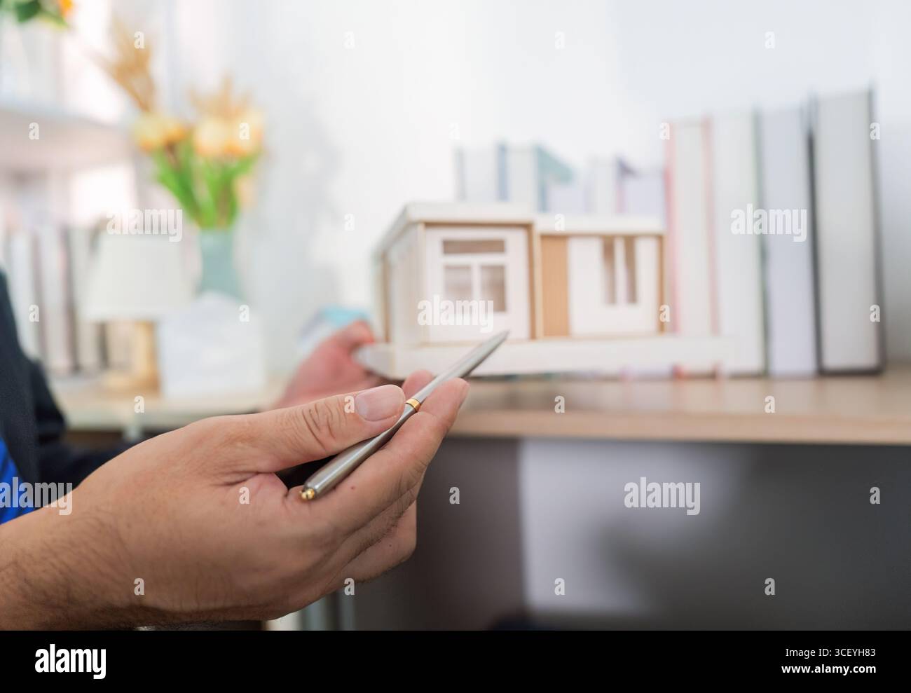 Model Home Overview. Real estate agent discussing features with client ...