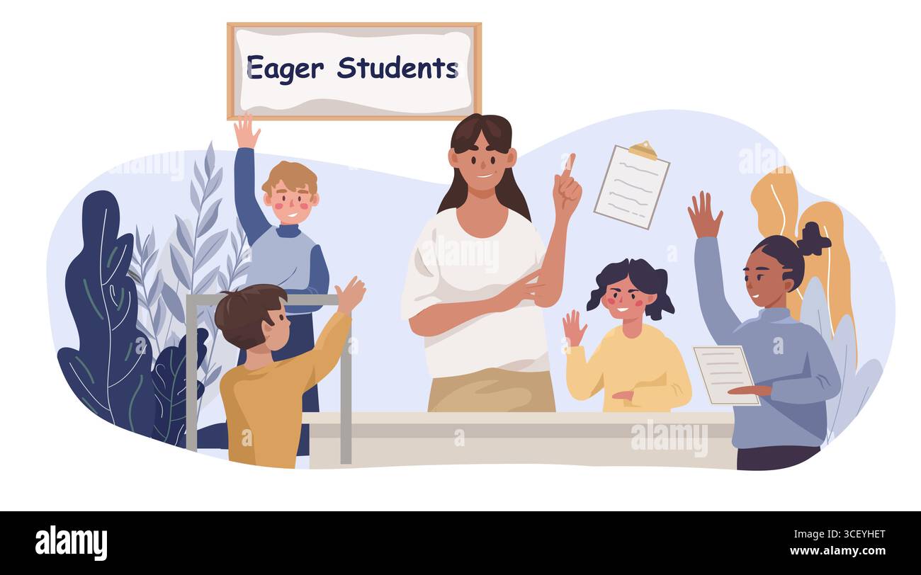 Eager students classroom teacher interaction raising hands learning ...