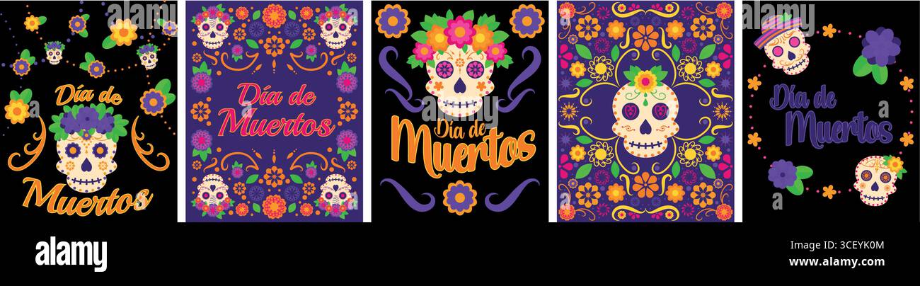 Dia de Muertos Social Media Templates Set Colorful Sugar Skulls ...