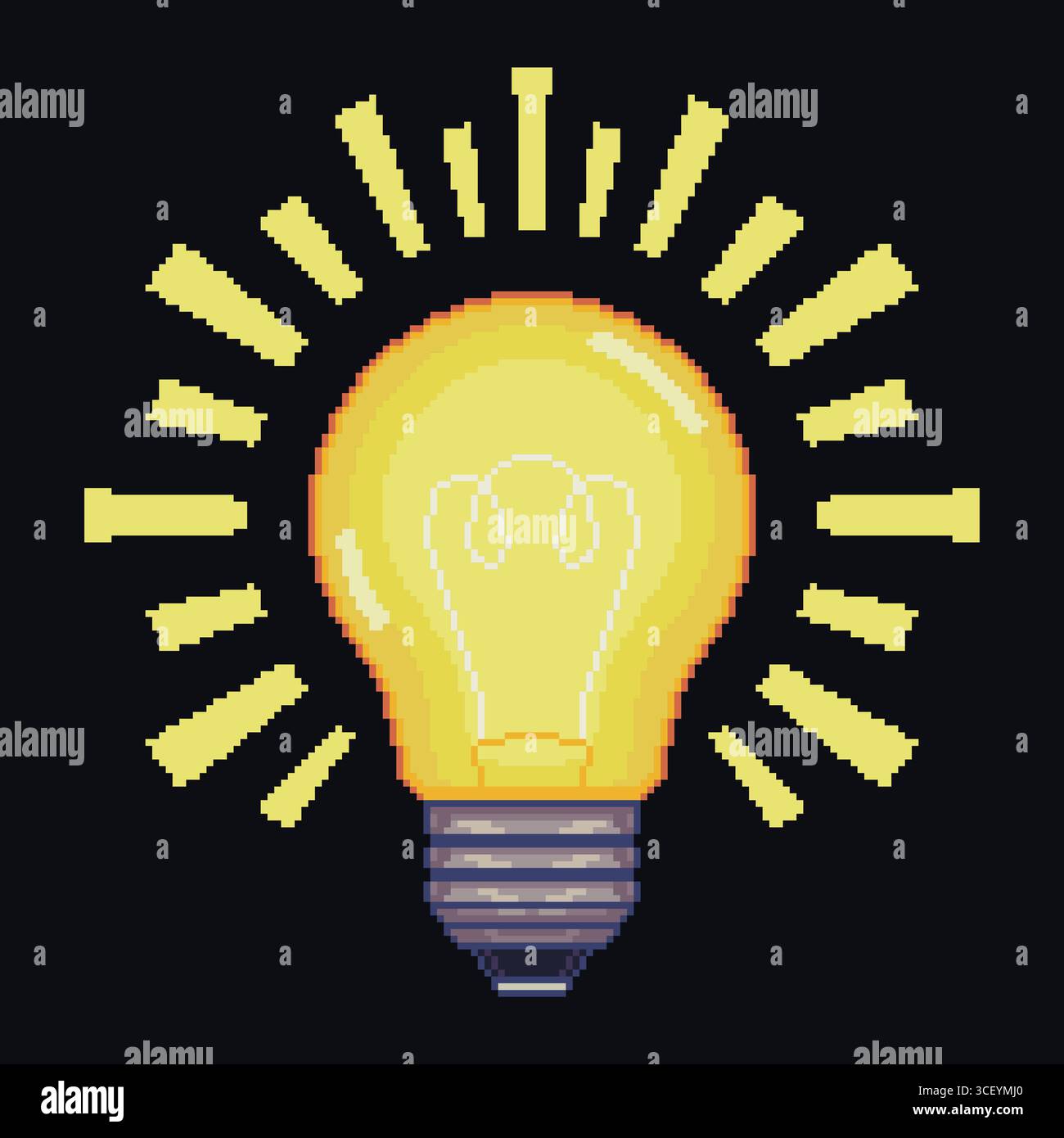 Pixel art glowing light bulb with shining rays on black background ...