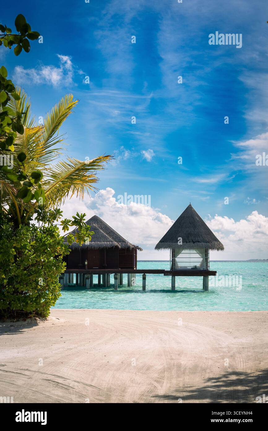 Luxury water villas in the Maldives over turquoise lagoon with clear ...