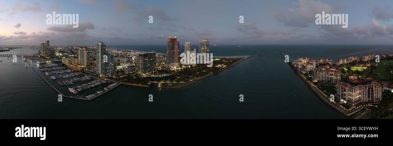 Aerial panoramic view of Miami skyline. Panoramic cityscape of Miami ...
