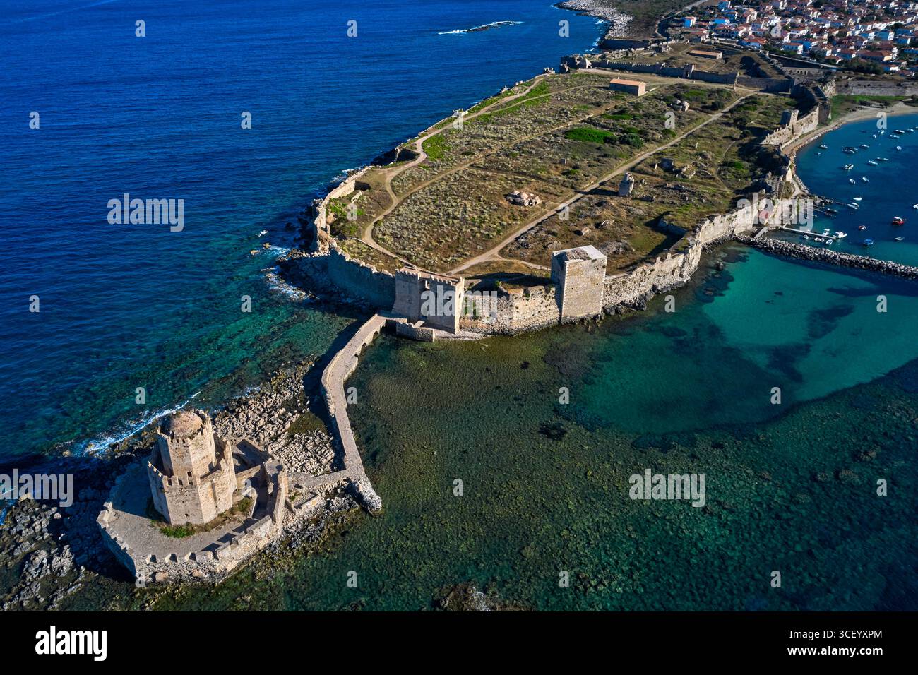 Greece, Peloponnese, Methoni Peninsula, Methoni, aerial view of the ...