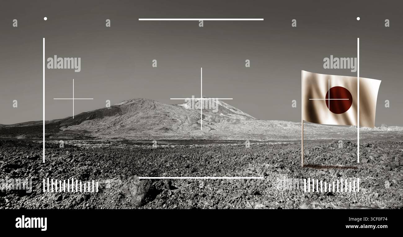Japanese flag on satellite, planet or asteroid surface. Cosmos discover ...