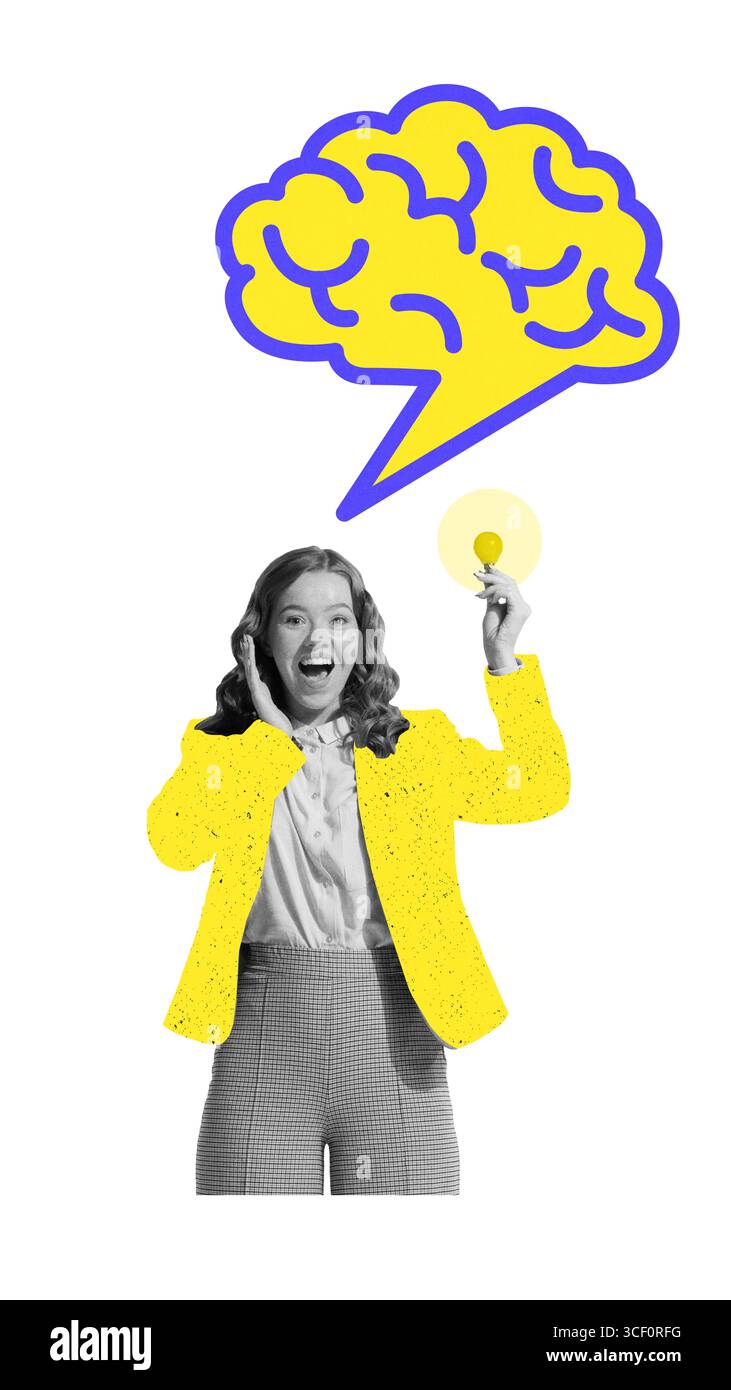 Contemporary collage. Excited woman with bright idea brain speech ...