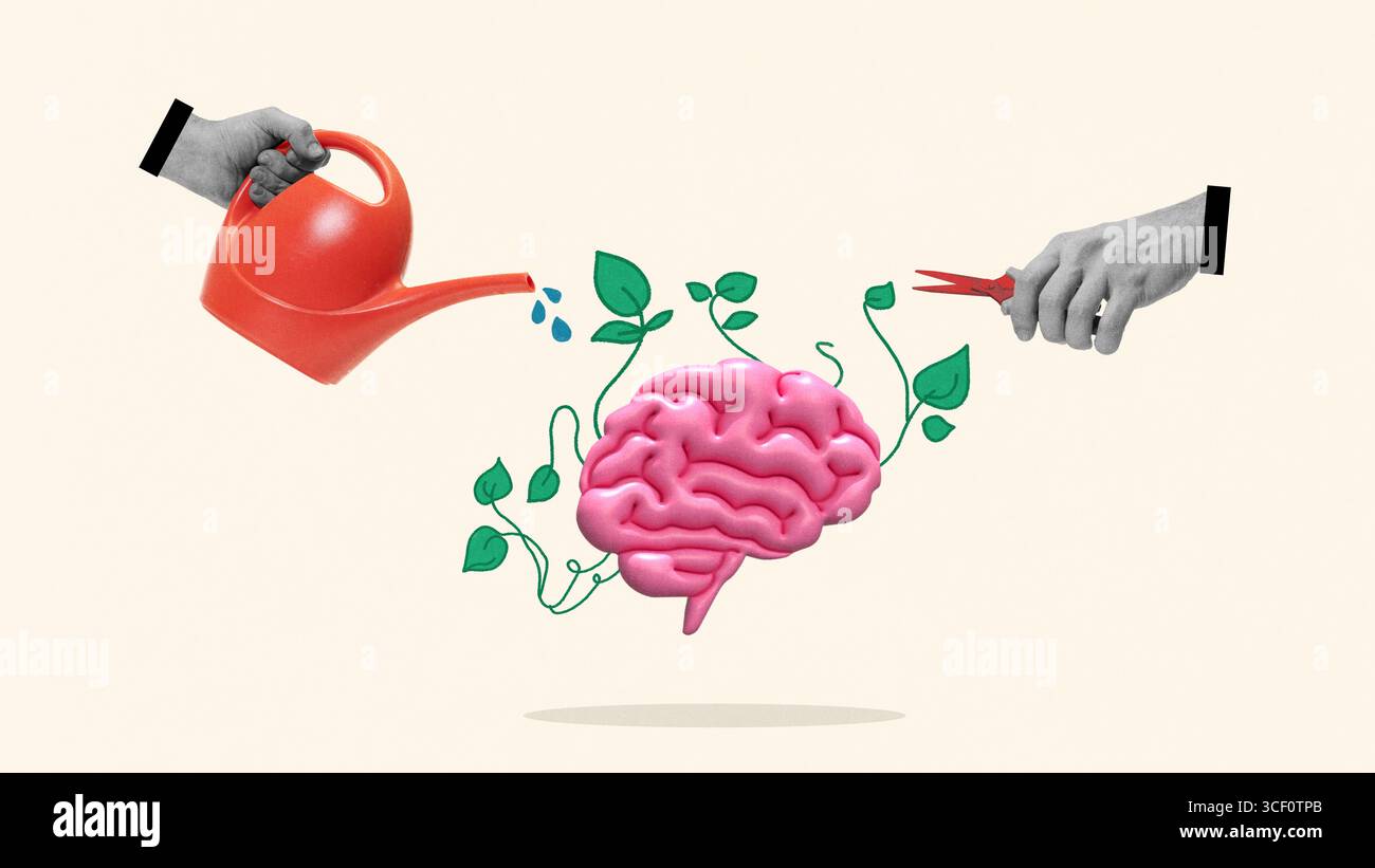 Surreal collage. Brain with green vines watered and trimmed by hands ...