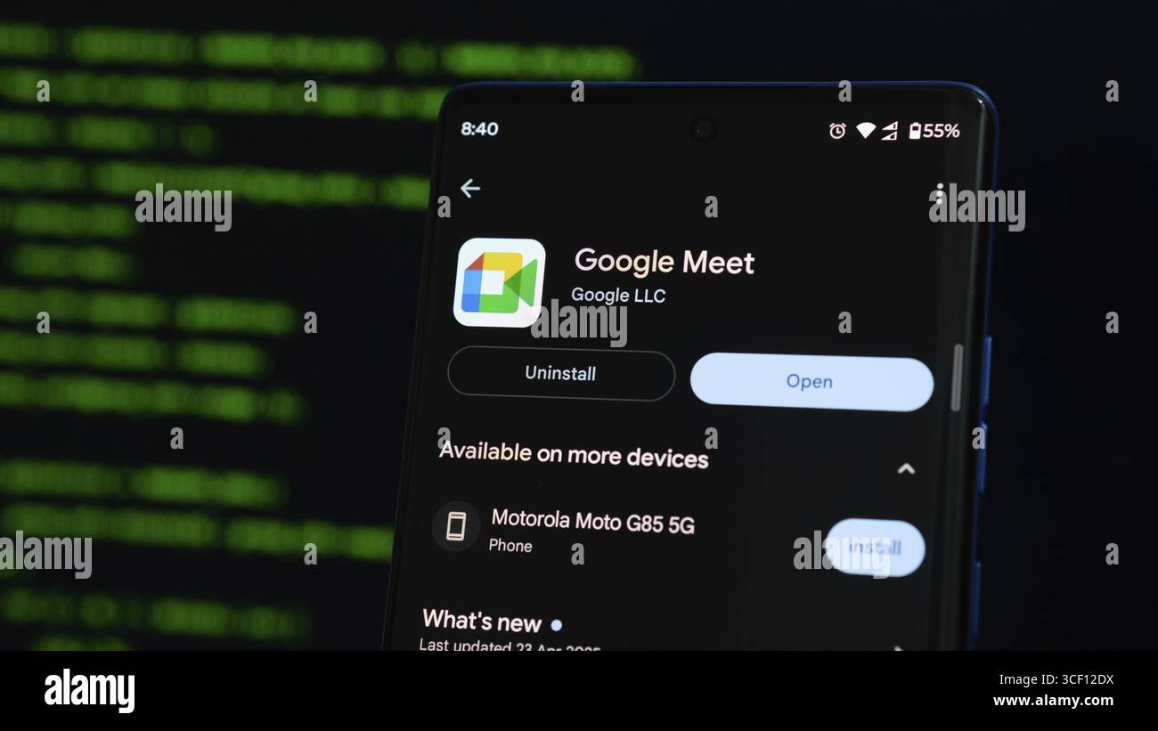 Google Meet app interface on smartphone with uninstall and open options ...
