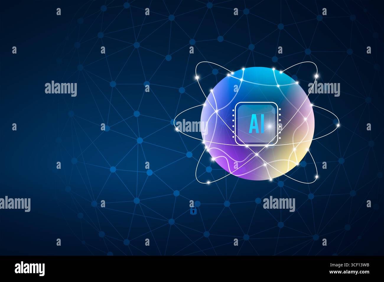 Artificial Intelligence (AI) concept with a glowing digital sphere and futuristic data network ...