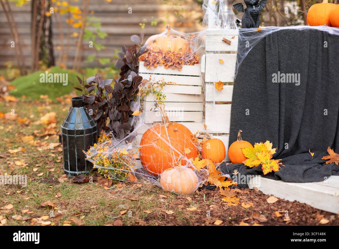 Festive composition on backyard decorated with orange pumpkins, magic ...