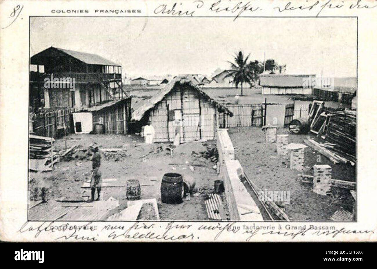 This 1900-1910 photograph depicts a factorerie (trading post) in Grand ...