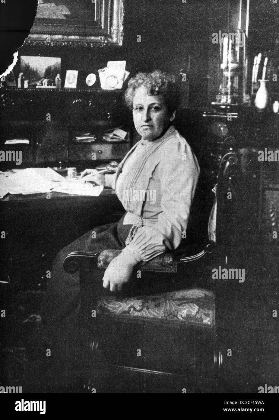 This 1907 image shows Aletta Jacobs, a pioneering Dutch physician and feminist, seated at a desk ...
