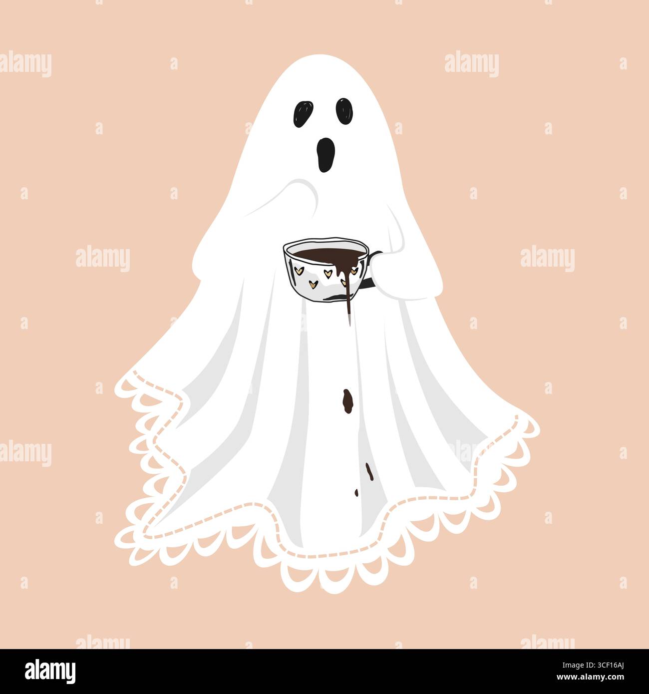 A cute scared lace-sheet ghost, spilling a coffee on its sheet . Sheet ...