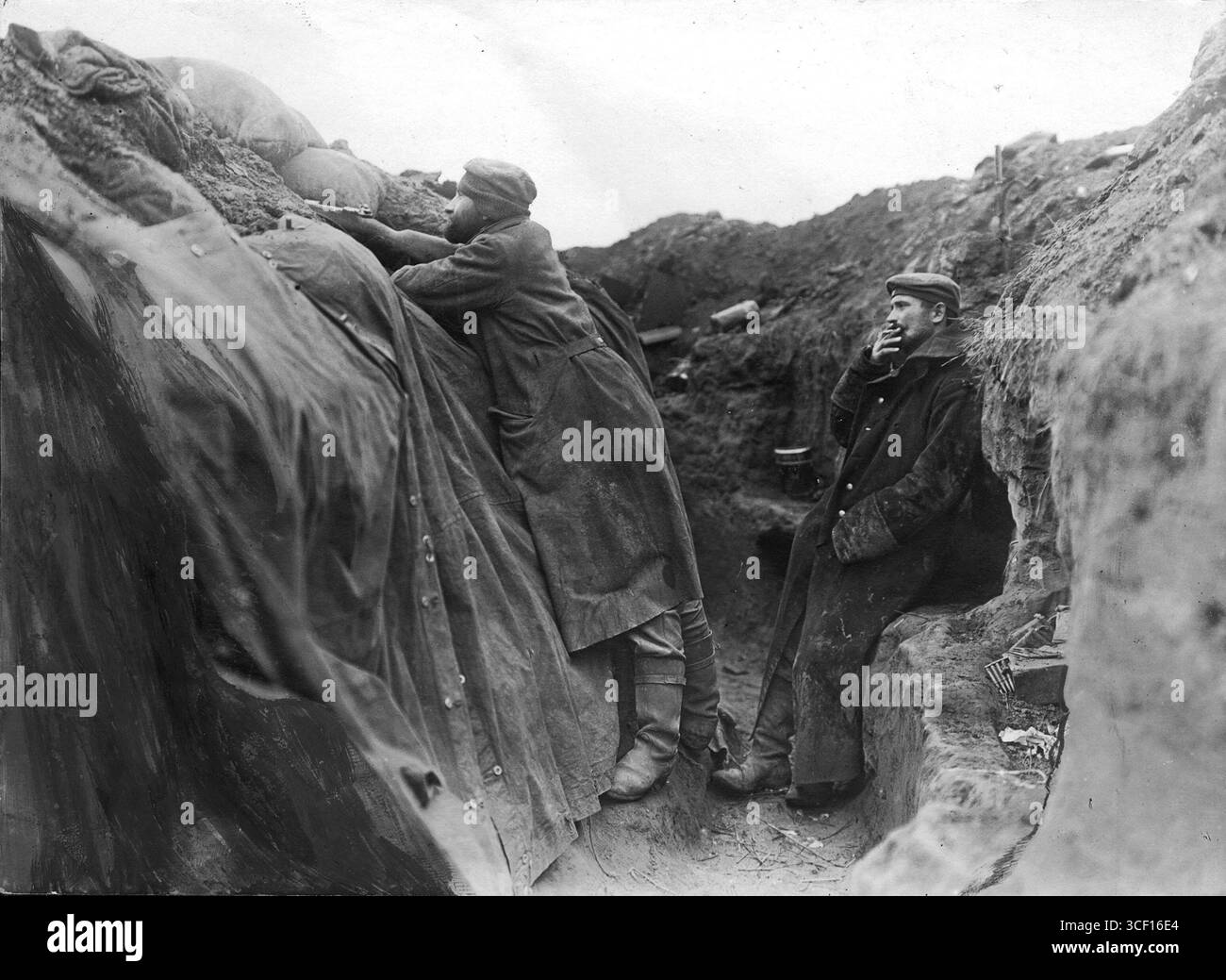Soldiers in German trenches during the First World War, 1914. The image ...