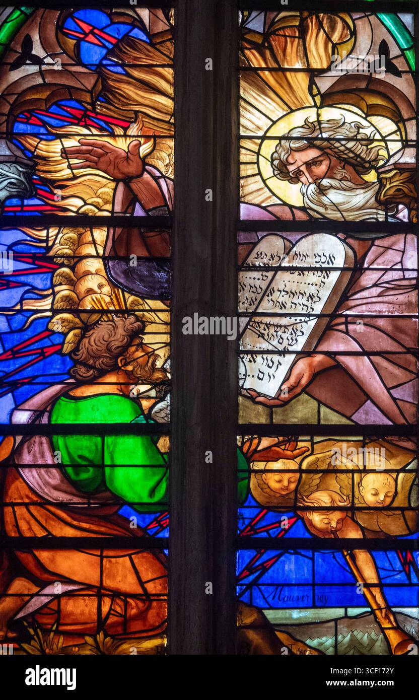Stained glass (19th century) of Book of Exodus: Moses receiving the ...