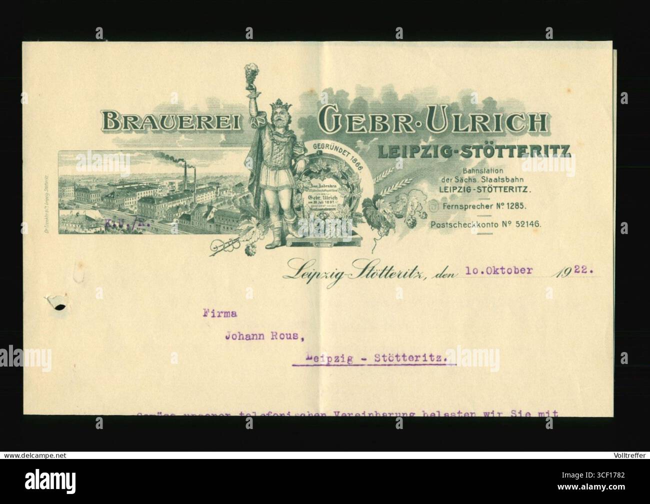 A letterhead from the Gebrüder Ullrich Brewery in Stötteritz, Leipzig ...